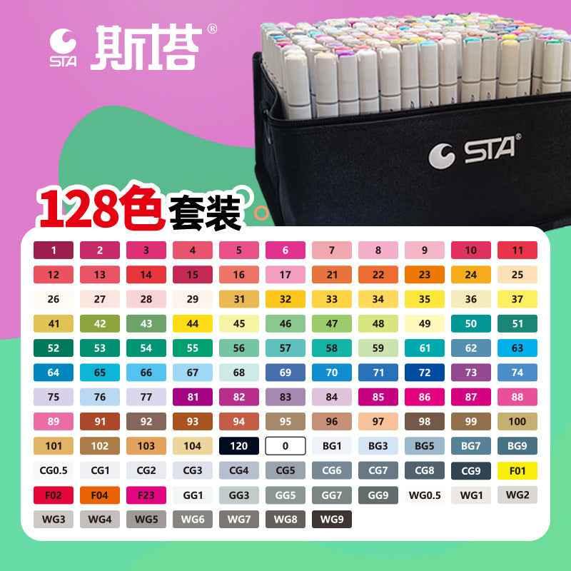 STA Alcohol Art Markers 128/168 Color Chisel & Brush Tip with Carrying
