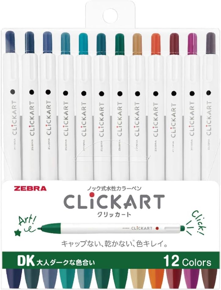 Zebra Clickart Retractable Felt Tip Marker Pen Calm Dark 12 Colors