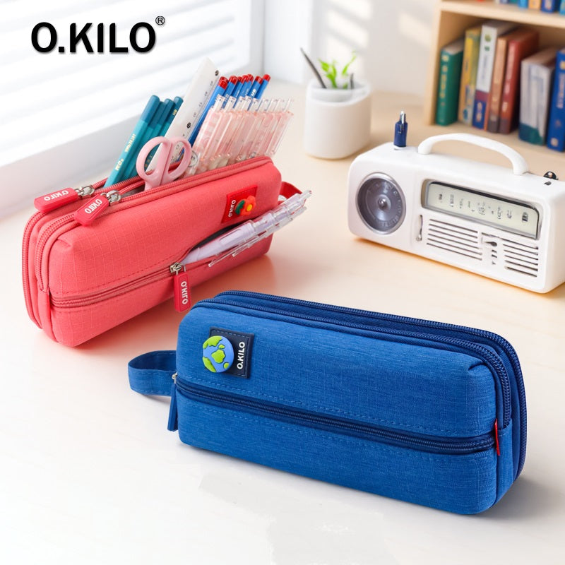 O.KILO Triple-Layer Pencil Case Student Stationery Bag for Kids Teens