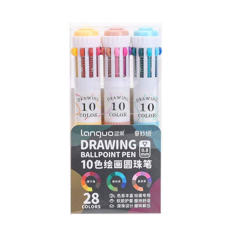 3-Pack 10-in-1 Multi-Color Ballpoint Pens - 28 Total Colors (0.8mm Fin