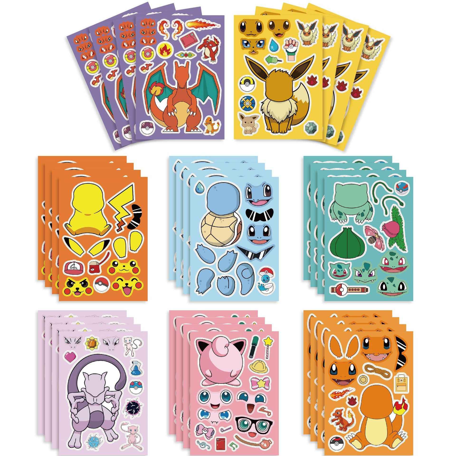 32 Sheets Cartoon Pokemon Make a Face DIY Stickers for Kids