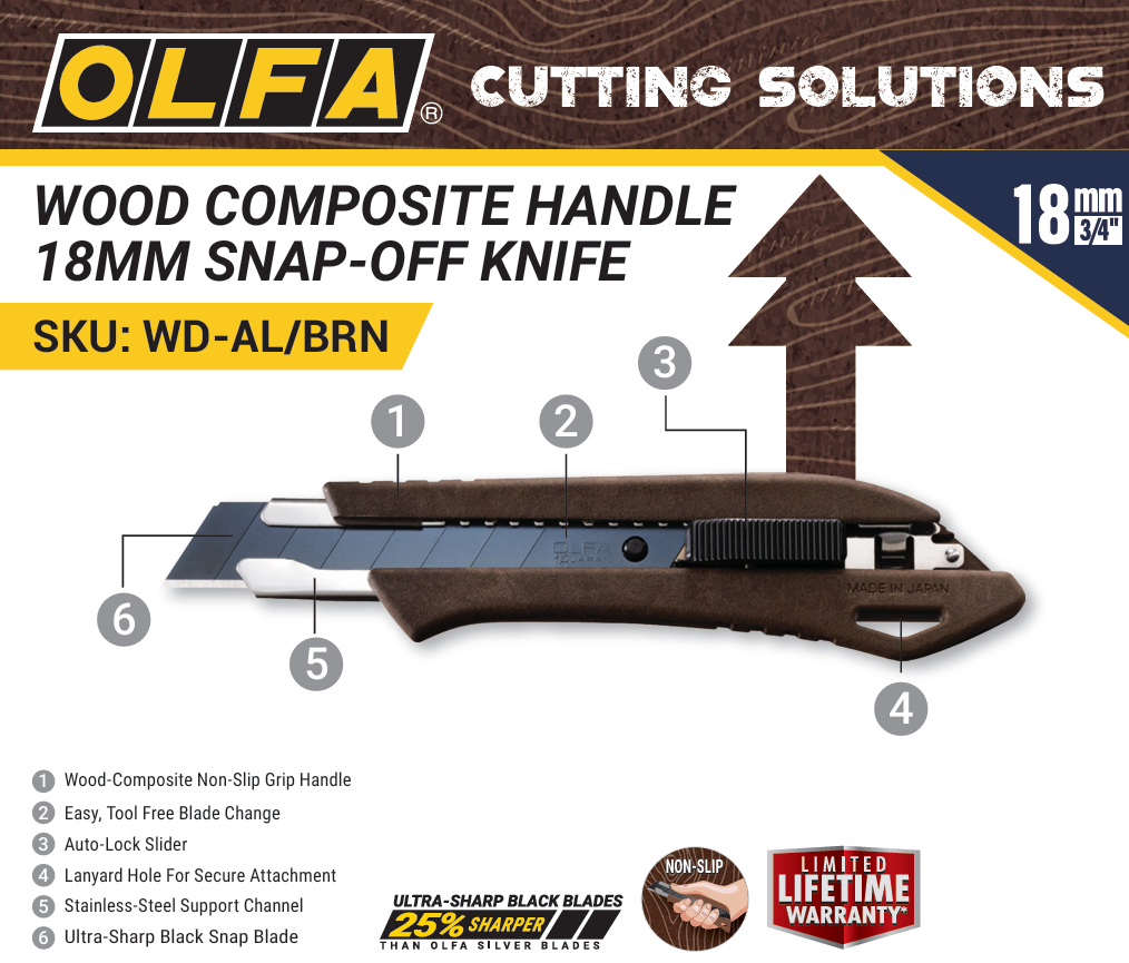 OLFA 18mm WD-AL Ξύλινο Συνθετικό Αυτόματο Μαχαίρι Χρήσης με Κλείδωμα
