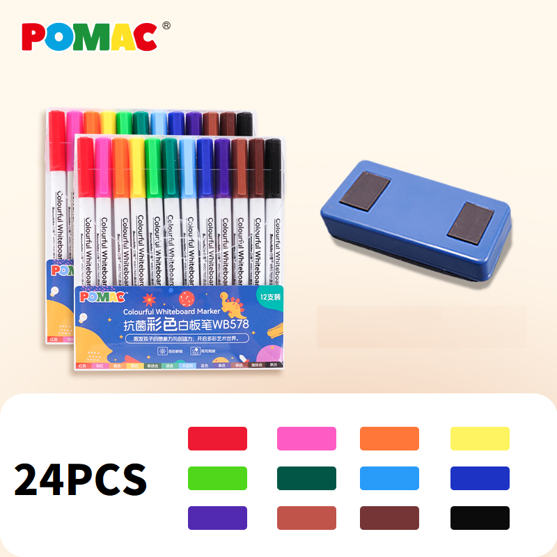 12-fargers viskbar whiteboard-tusjer 24-pakning magnetisk viskelær
