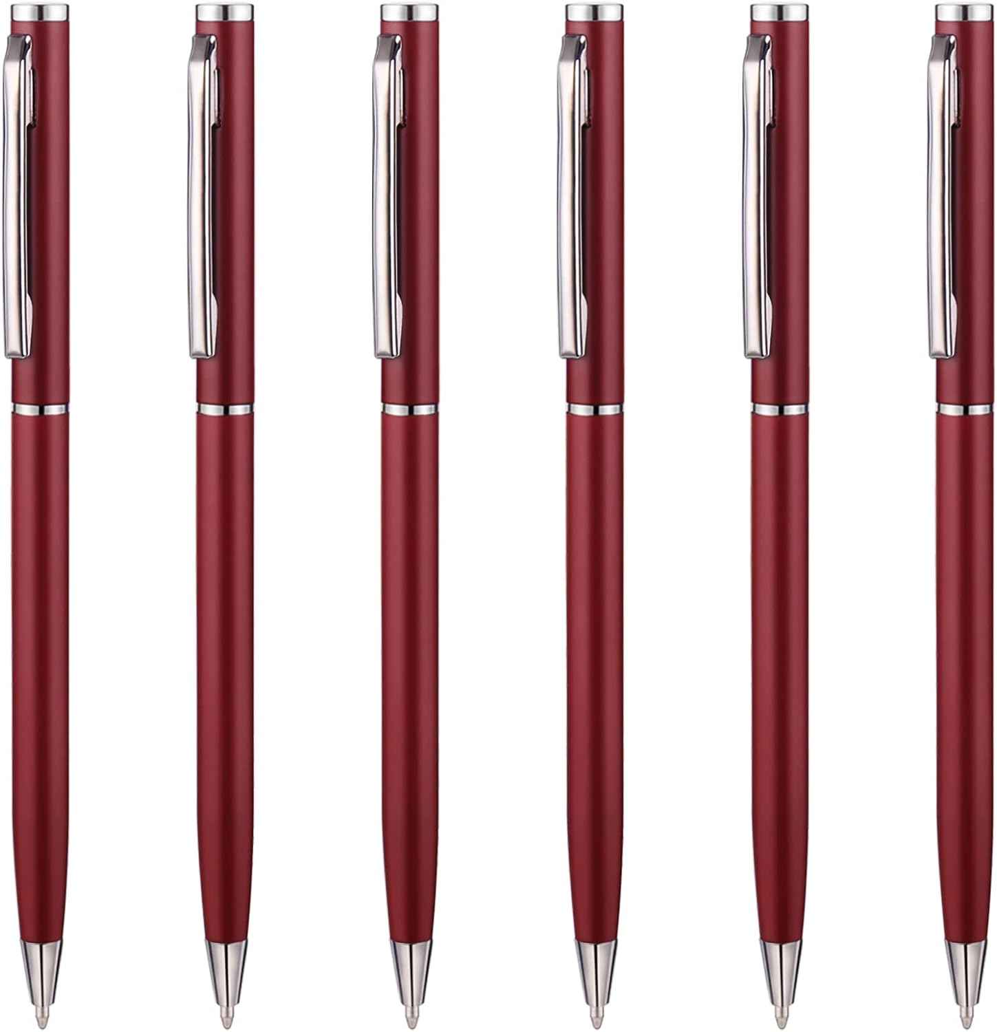 Slim Metallic Retractable Ballpoint Pens,Matte Burgundy,6 Pack-Black i
