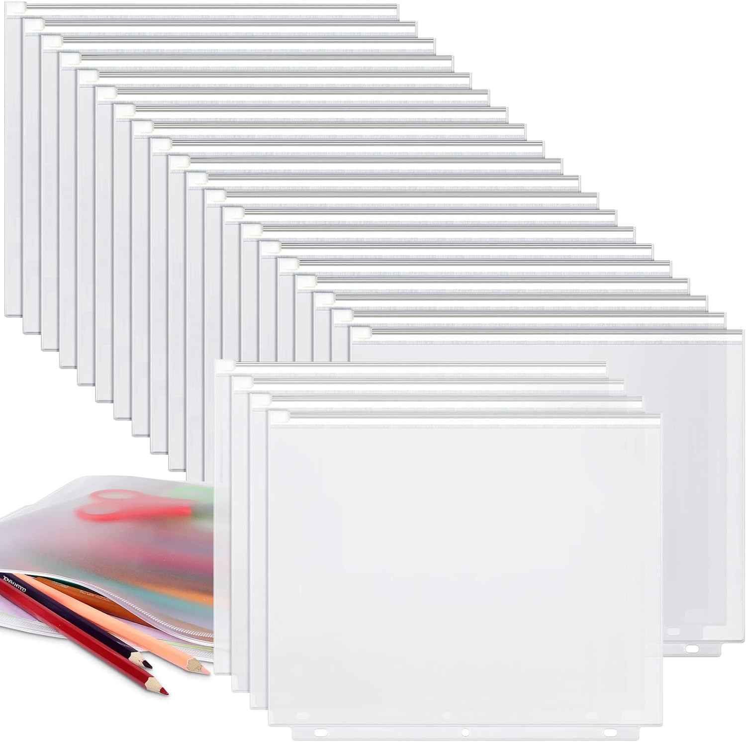 30 Pack A4 Binder Pockets 3 Holes Binder Pouches with Zipper (Transpar