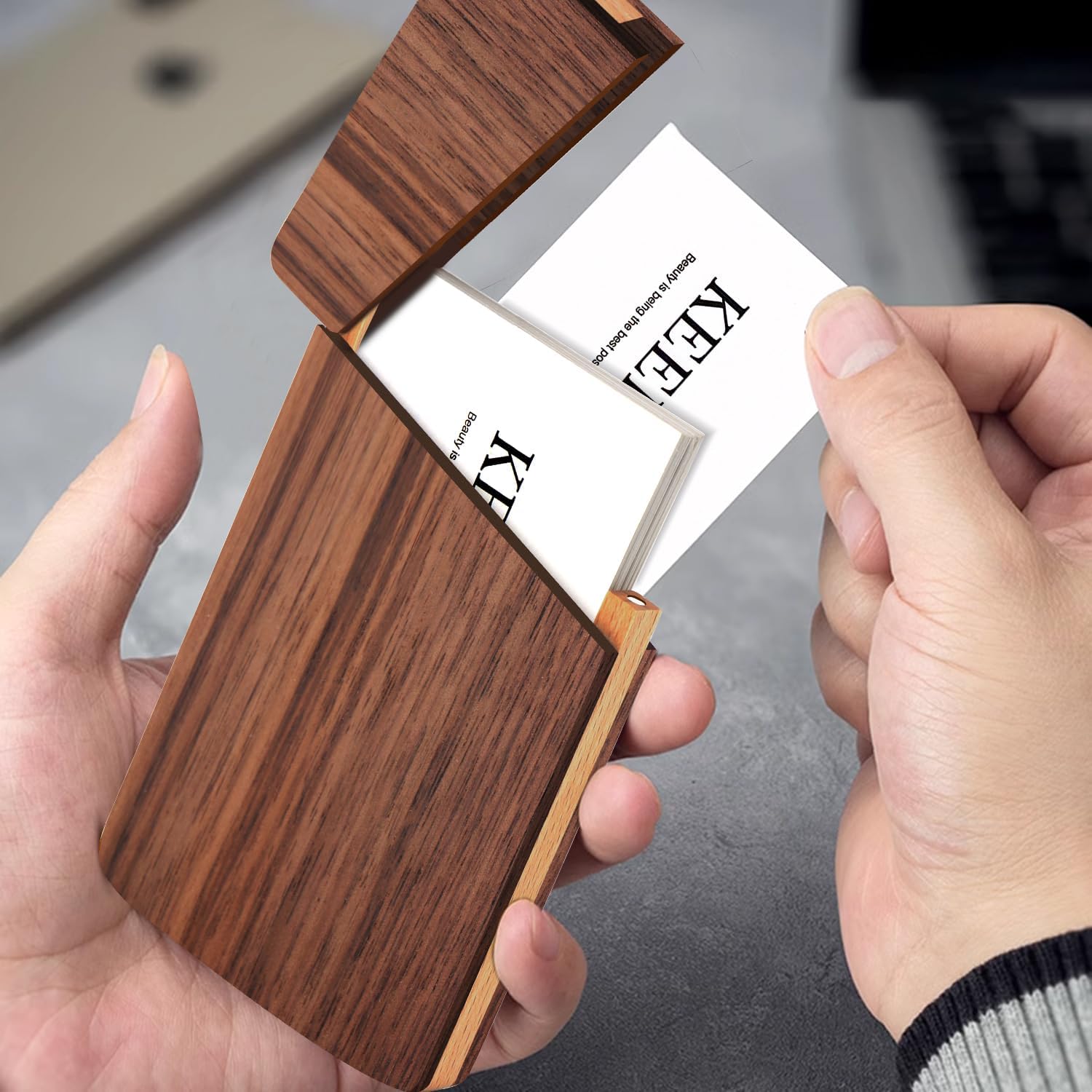 Office Desk Organization Accessory Wooden Business Card Holder - Walnut ...